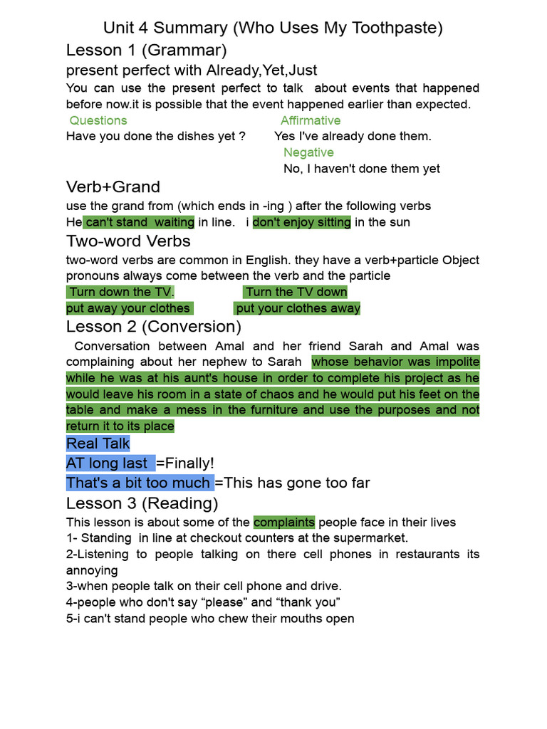 Unit 4 Summary (Who Uses My Toothpaste) انجليزي ثالث متوسط | PDF