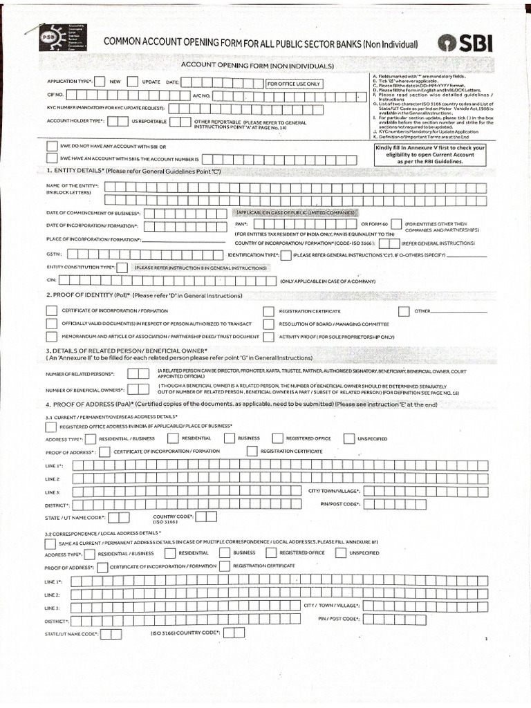 SBI Non Individual Account Opening Form | PDF