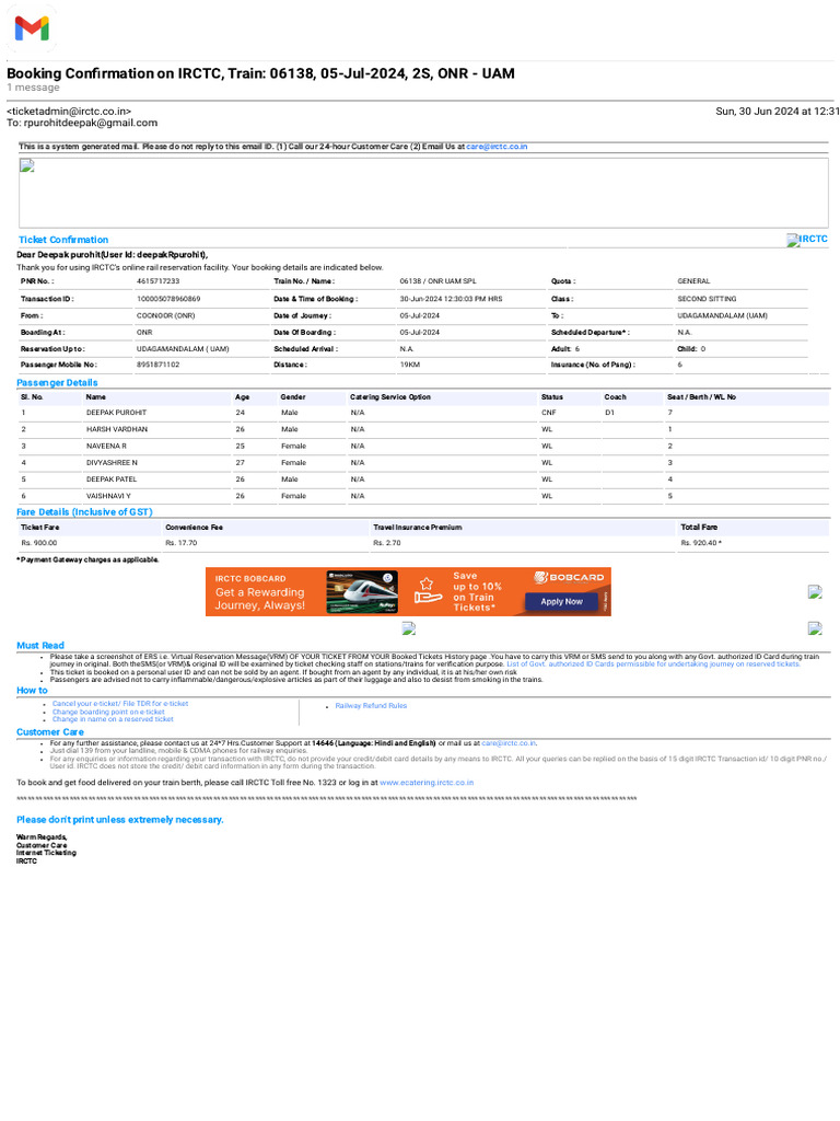 Train - 06138, 05-Jul-2024, 2S, ONR - UAM | PDF