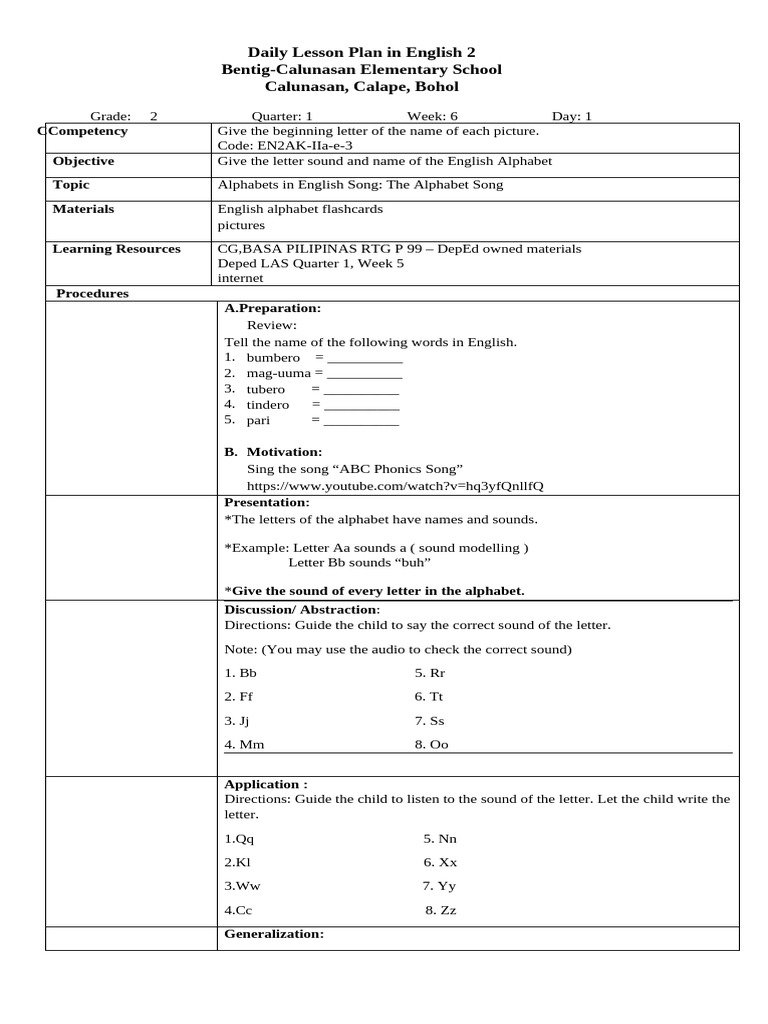 English Alphabet Lesson Plan for Grade 2 | PDF | Lesson Plan | Phonics