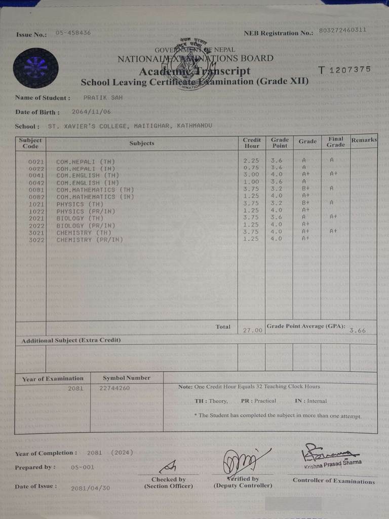 PRATIK SAH grade 12 transcript | PDF