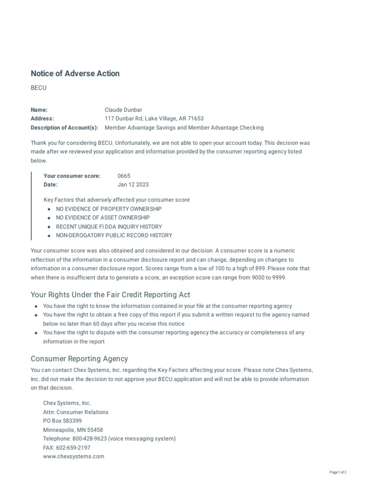 Claude - Adverse Action Notice Disclosure | PDF | Credit History ...