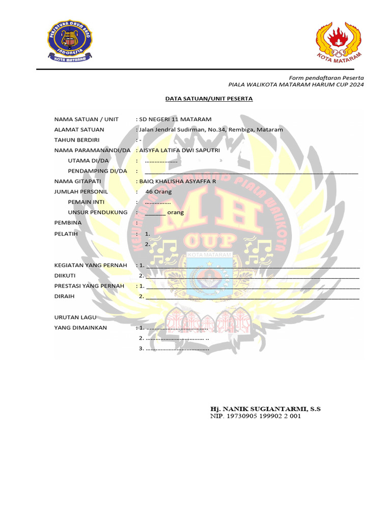 Form Pendaftaran MH CUP | PDF