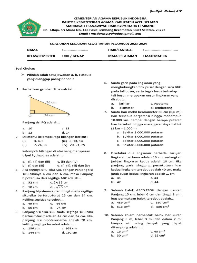 Soal MTK - VIII Ujian Kenaikan Kelas Tahun Ajaran 2023-2024 | PDF
