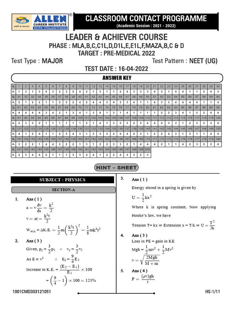 Allen Full Test 16422 Solution | PDF