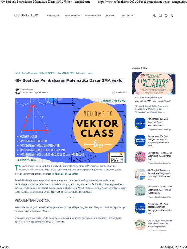 40+ Soal Dan Pembahasan Matematika Dasar SMA Vektor | PDF