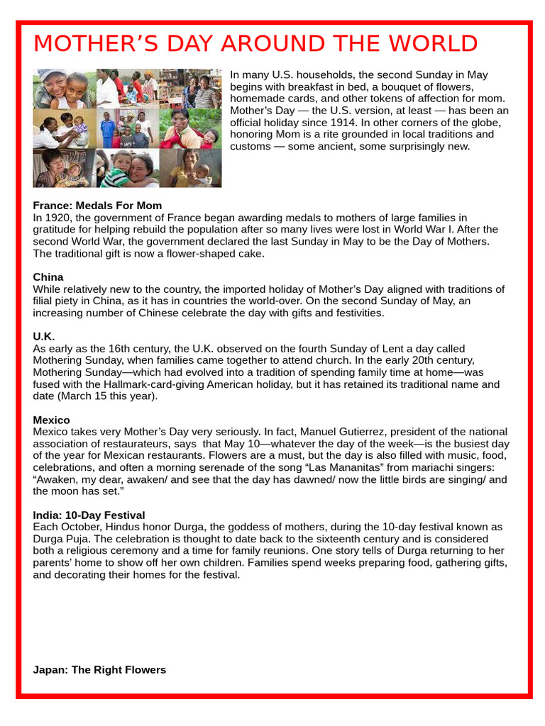 Mothers Day Around The World Reading Comprehension Exercises - 142668 | PDF