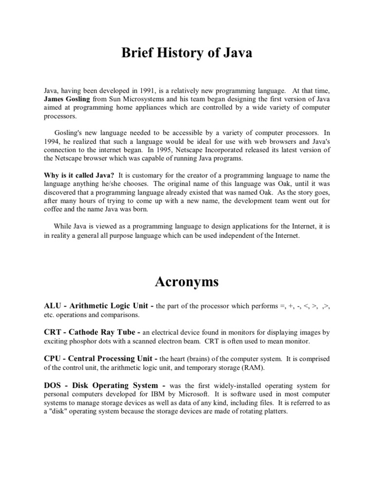 Brief History Of Java Lecture Pdf Computer Program Programming