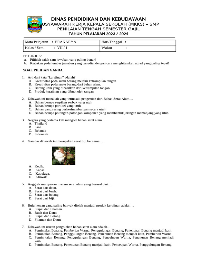 Soal PTS Sem 1 Prakarya KLS 7 TP 2324 | PDF