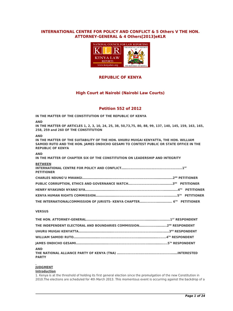 Petition 552 of 2012 Uhuru Ruto Eligibility Case | PDF | International ...