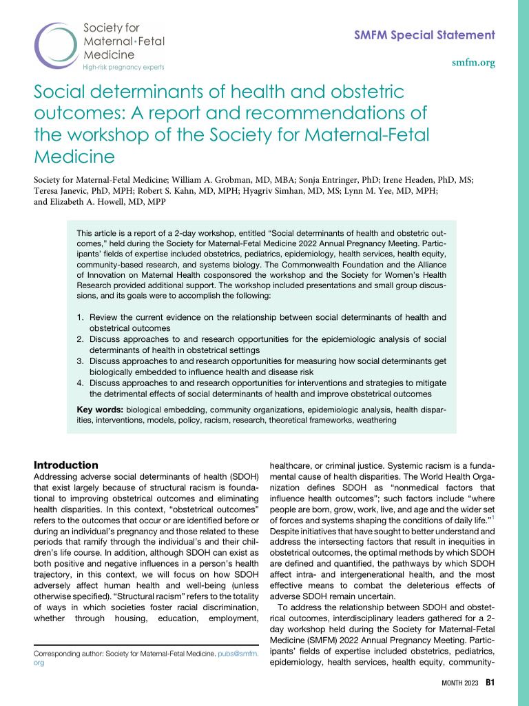 Social Determinants of Health and Obstetric Outcomes A Report and ... Social Determinants of Health and Obstetric Outcomes A Report and ...
