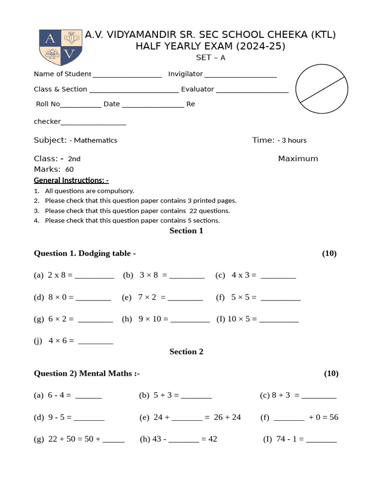 2nd Term1 Math Rimi QP Set A | PDF