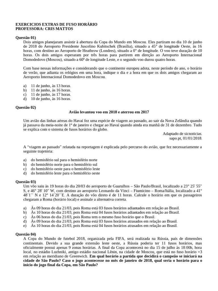 Exercicios Extras de Fuso Horario | PDF