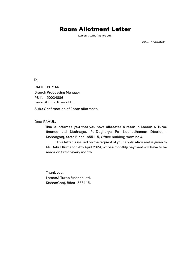 Room Allotment Letter | PDF