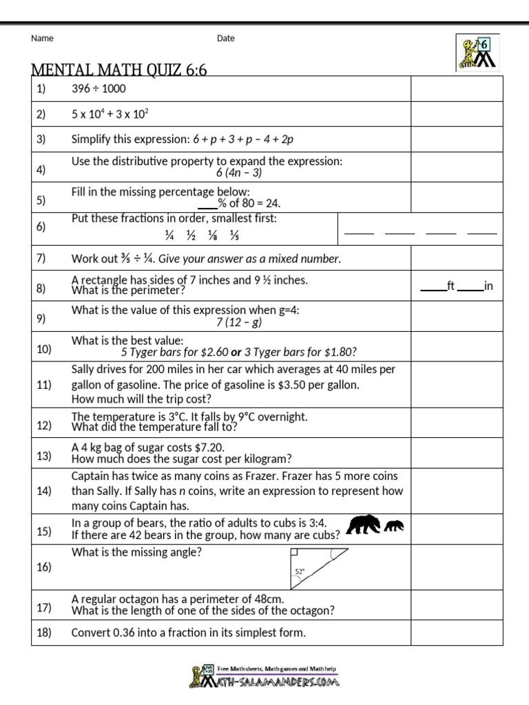 Mental Math 6th Grade 6 | PDF