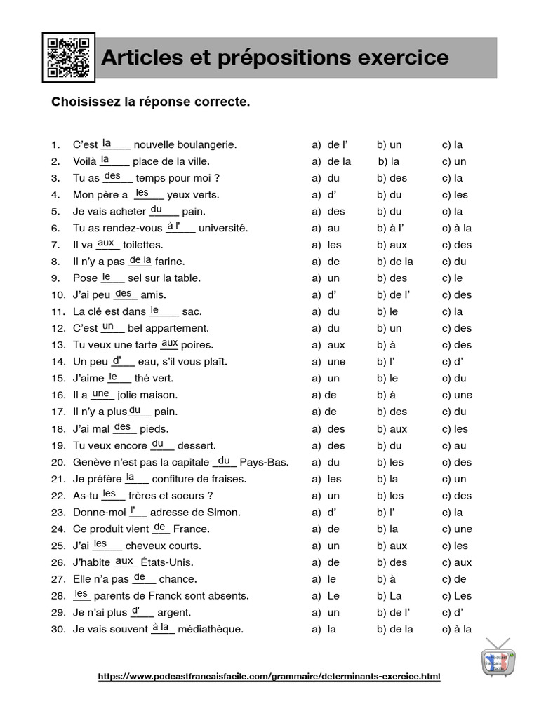 Articles Et Prepositions Exercice | PDF