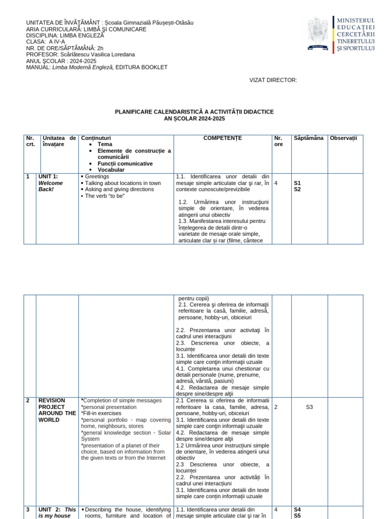 Planificare Calendaristica 4 | PDF