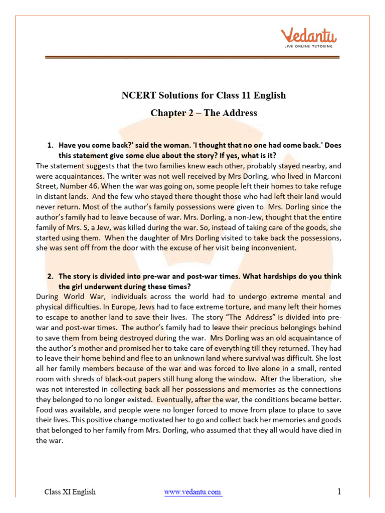NCERT Solutions English - The Address Class 11 Question and Answers PDF ...