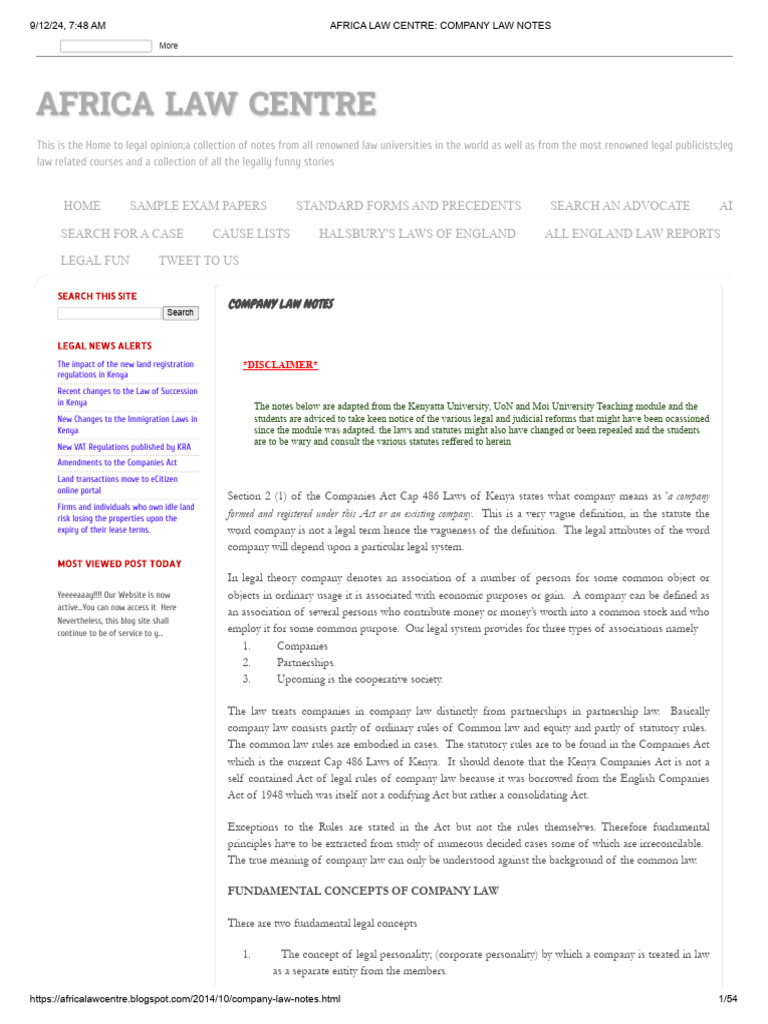 Africa Law Centre - Company Law Notes | PDF