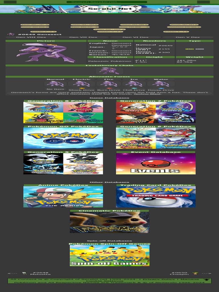 Genesect - #0649 - Serebii - Net Pokédex | PDF | Nintendo Franchises | Video Games