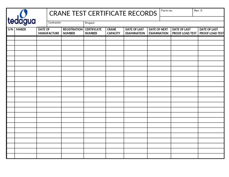 Crane Test Certificate Record | PDF | Computers | Technology & Engineering