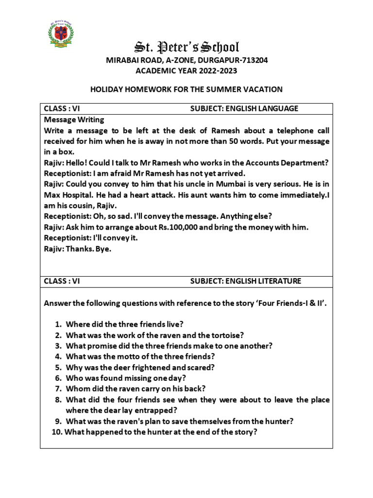 Class VI Summer Holiday Homework | PDF | Gases | Matter