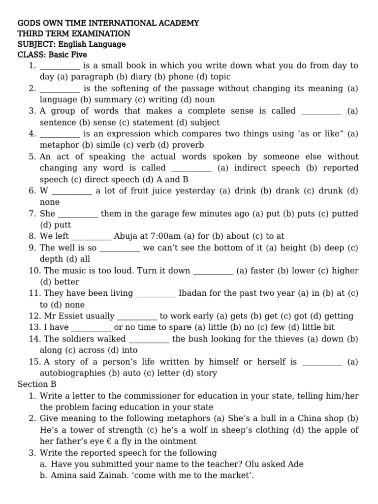 Primary 5 Third Term Exam Questions | PDF | Soil | Agriculture