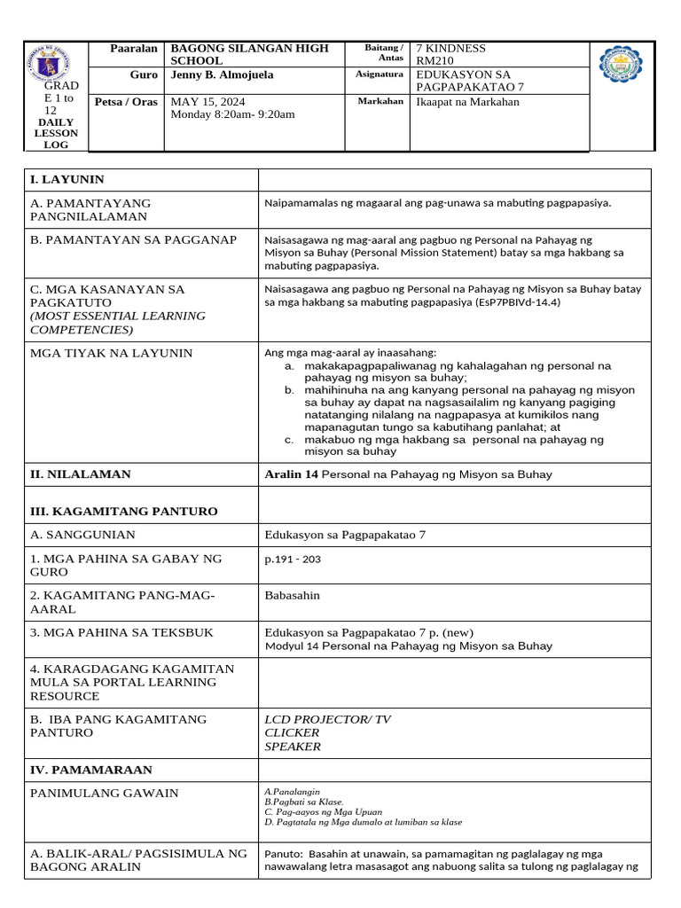Grade 7 Daily Lesson Log Kindness Pdf Linguistics Phonetics