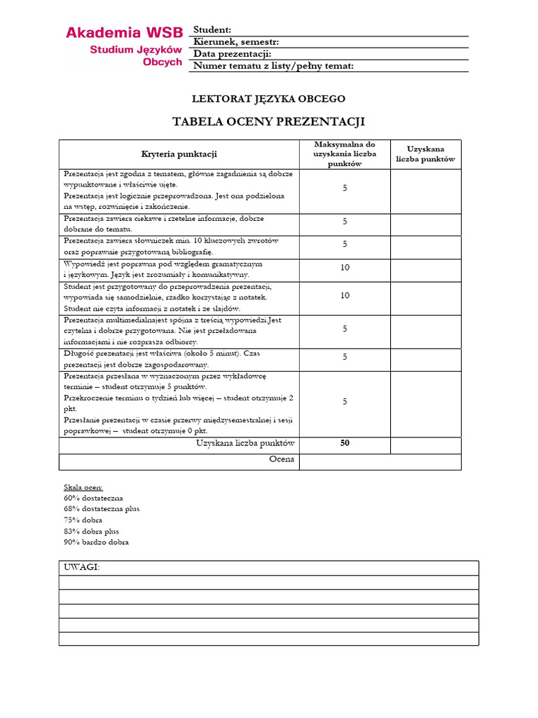 Tabela Oceny Prezentacji - Lektorat 2022-2023 | PDF