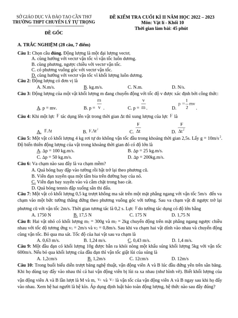ĐỀ VẬT LÍ 10 CK 2 2022 - 2023 | PDF