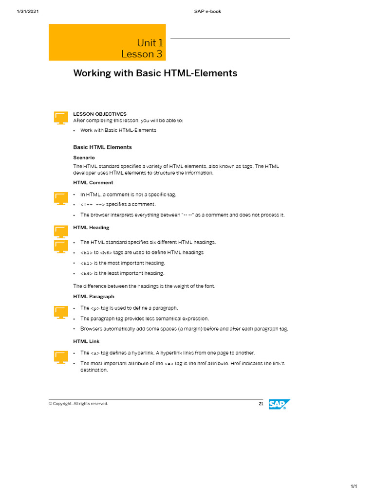 Working With Basic HTML-Elements: Unit 1 Lesson 3 | PDF