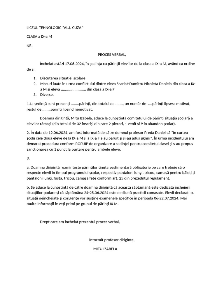 Model Proces Verbal 17.06 | PDF