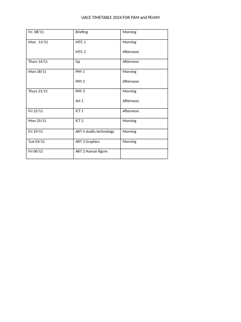 Uace Time Table For Pam and Pem | PDF