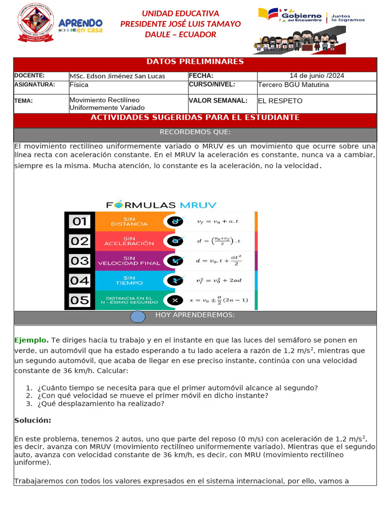 FICHA 3 ERO BGU Fisica-MRUV'2024'2025 | PDF