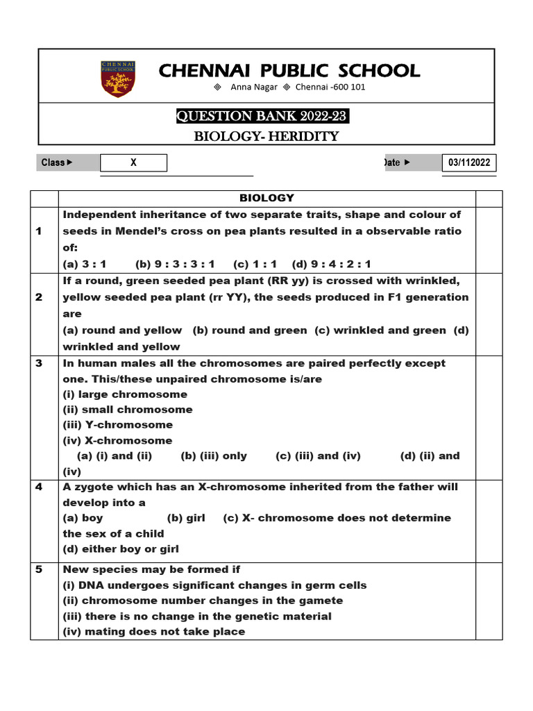 Chennai Public School: QUESTION BANK 2022-23 3 | PDF