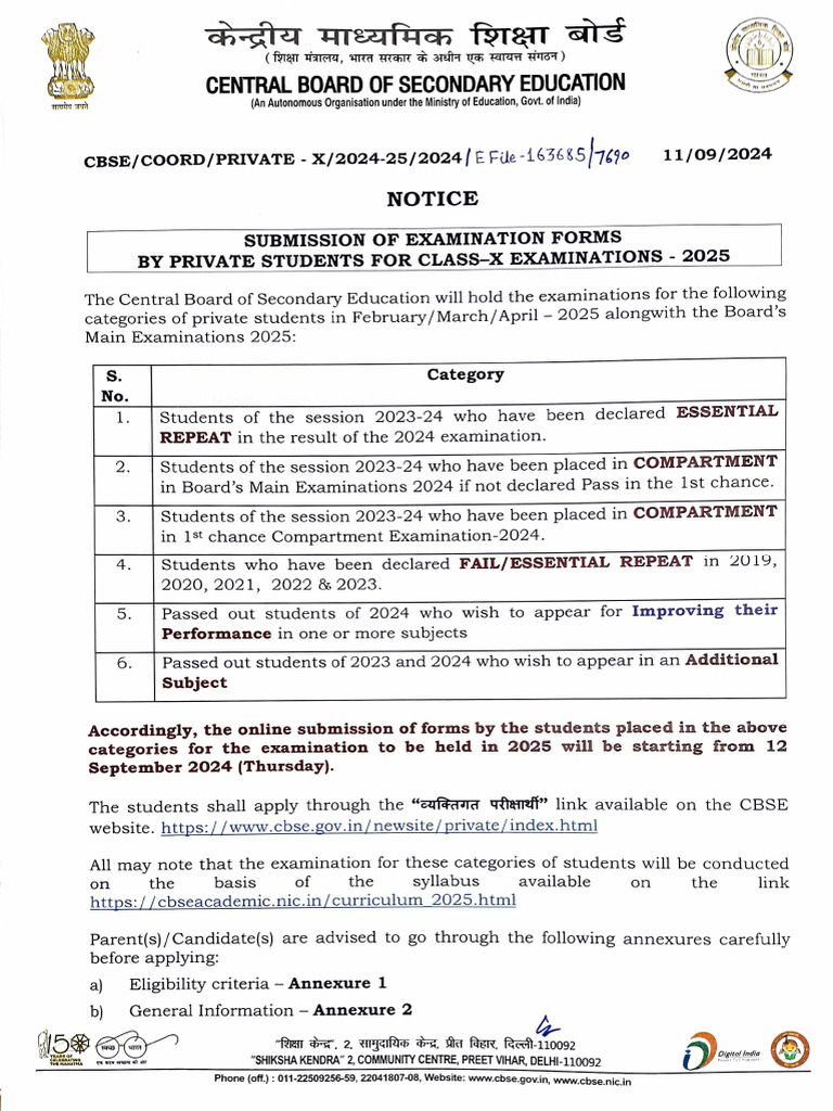 Submission Examination Forms Private Students Class X Examination 2025 ...