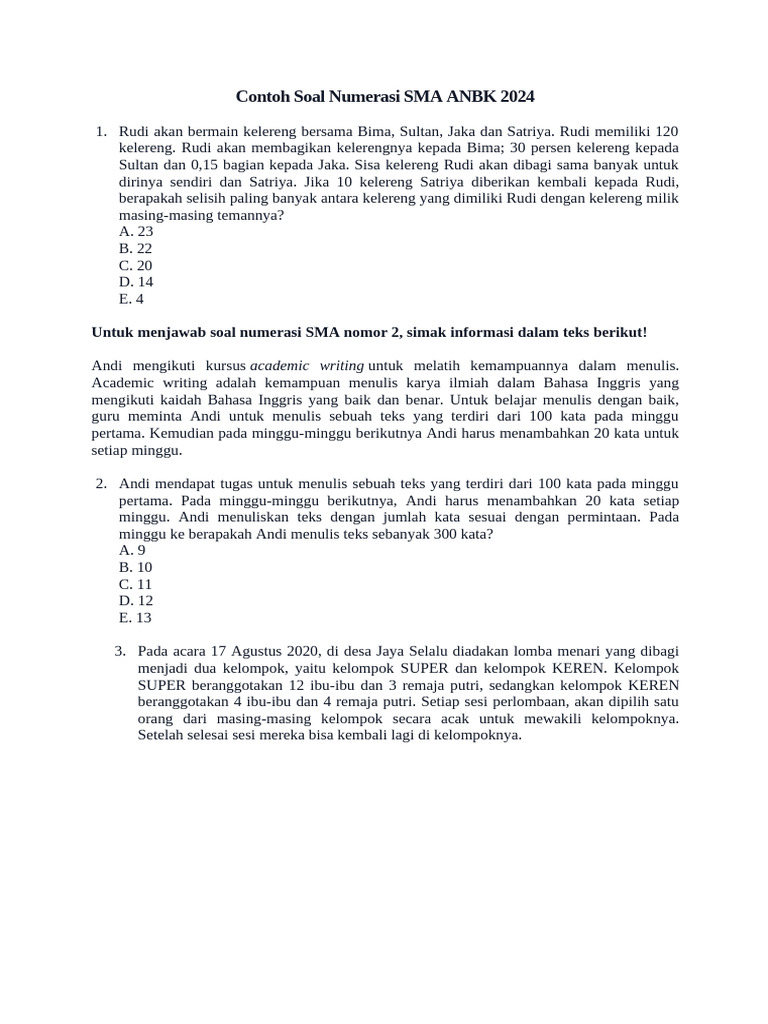 Contoh Soal Numerasi SMA ANBK 2024 | PDF