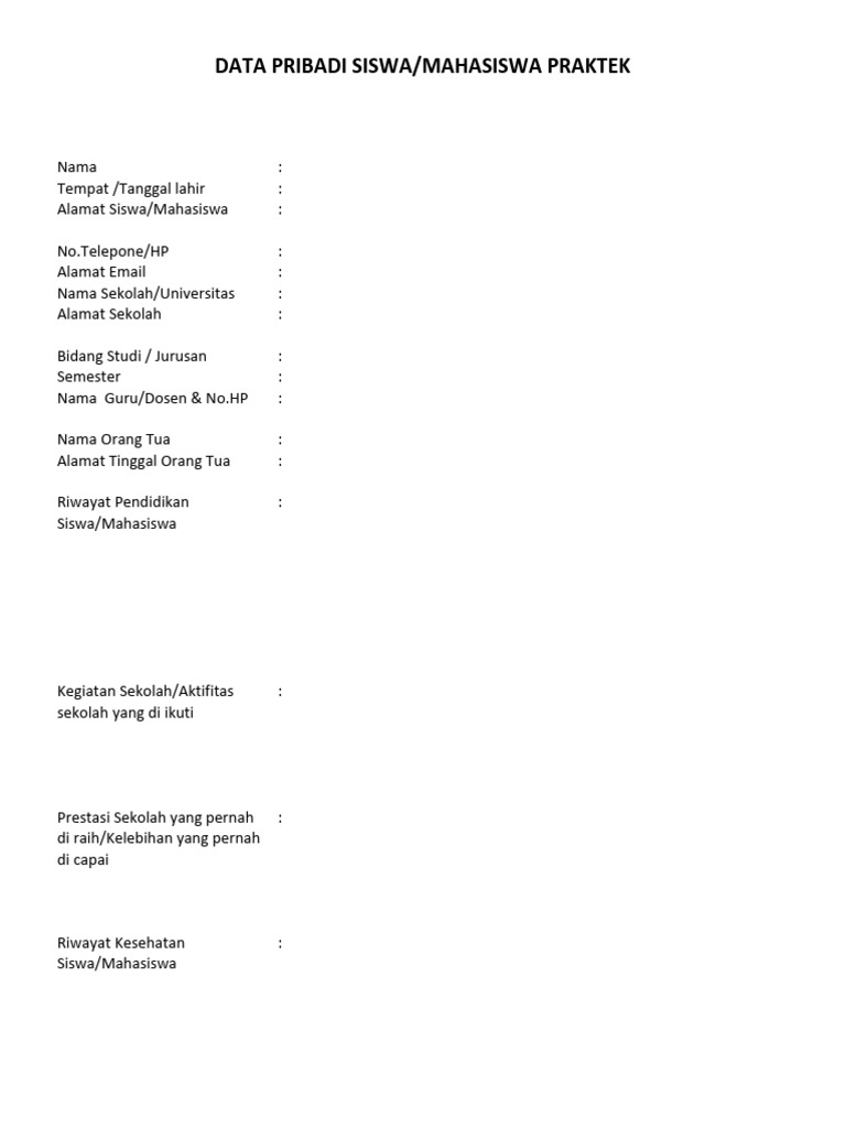 Form Data Siswa Mahasiswa PKL | PDF