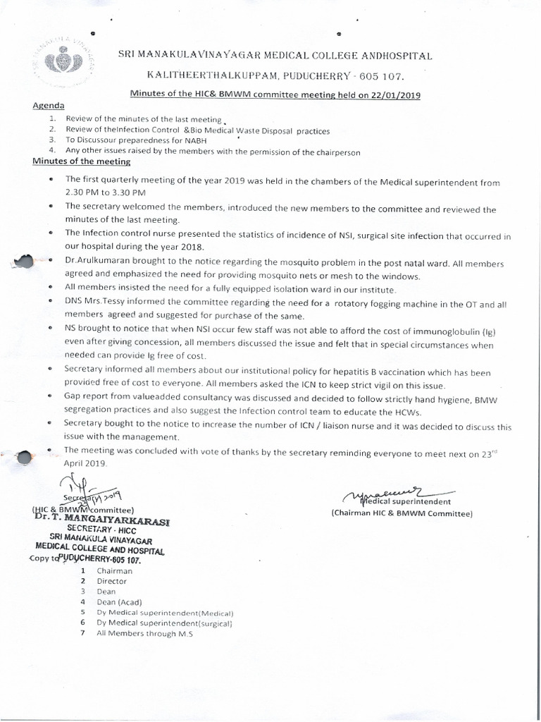Hospital Infection Control Minutes of Meeting | PDF