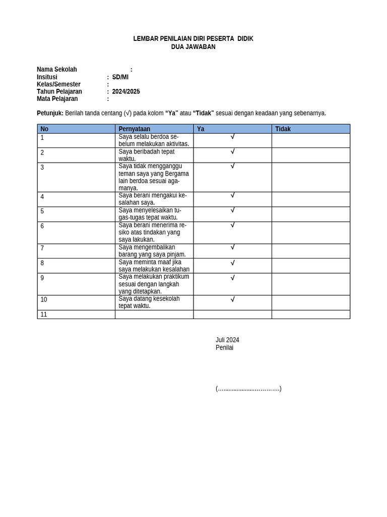 Lembar Penilaian Diri Peserta Didik Dengan Dua Jawaban | PDF