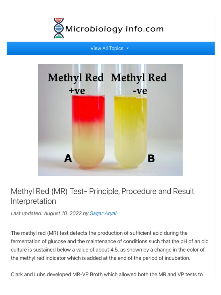 Methyl Red (MR) Test - Principle, Procedure and Re | PDF