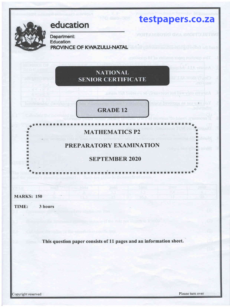 2020 Grade 12 Math Trial Exam Paper 2 KZN | PDF