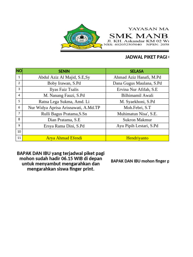 Jadwal Piket Pagi Rev 1 | PDF