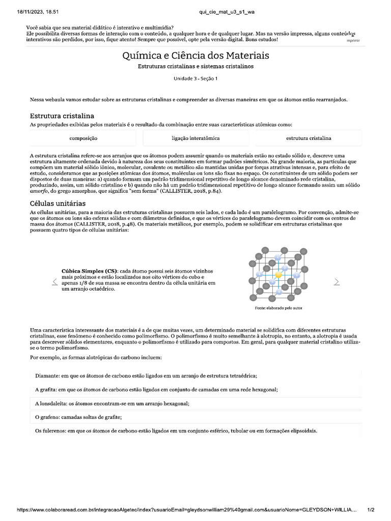 Química E Ciências Dos Materiais Estrutura Cristalina Pdf