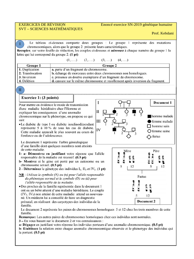 Enoncé Exercice SN-2019 Génétique Humaine | PDF