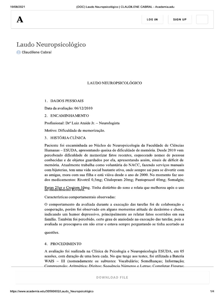 Modelo Laudo Neuropsicologico | PDF