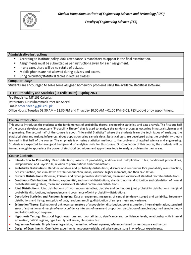 ES111 Course Outline - Spring 2024 | PDF