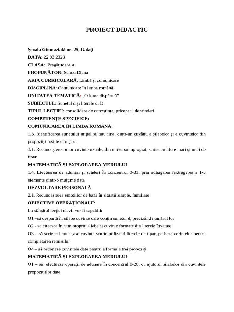 Proiect Didactic Sunetul D Și Literele D, D | PDF