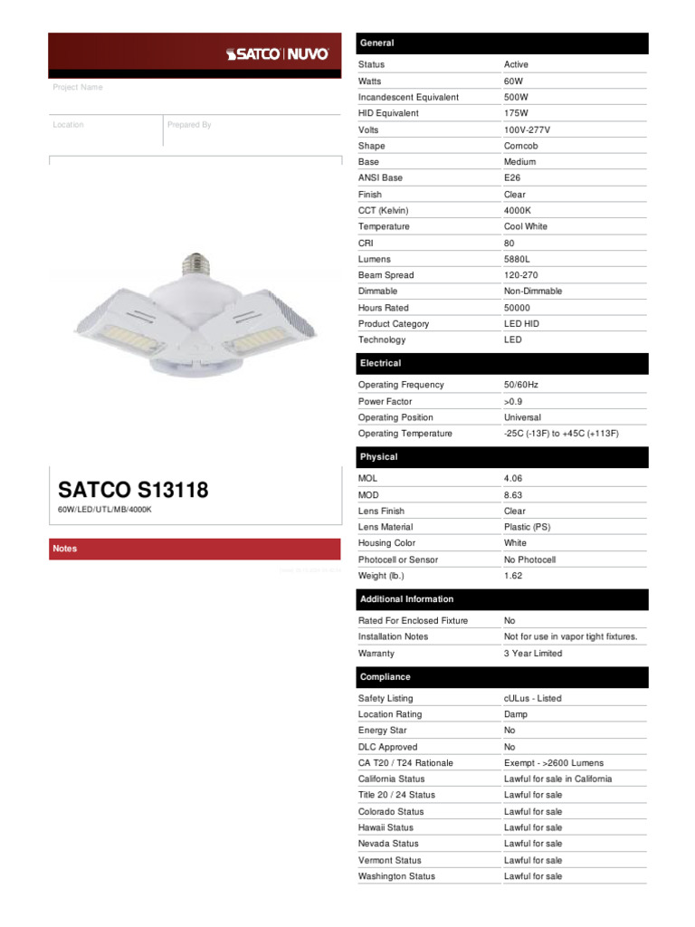 SATCO S13118: General | PDF
