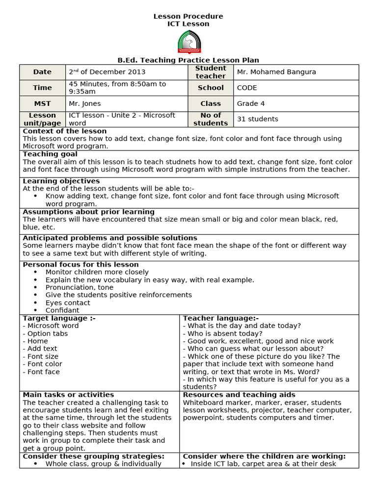 Ict Lesson Plan Ms Word | PDF